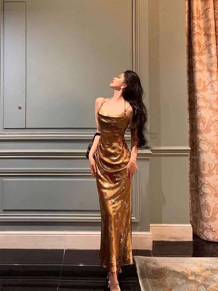 Gorgeous Sheath Straps Gold Satin Date Night Dress Long Prom Dresses B ...