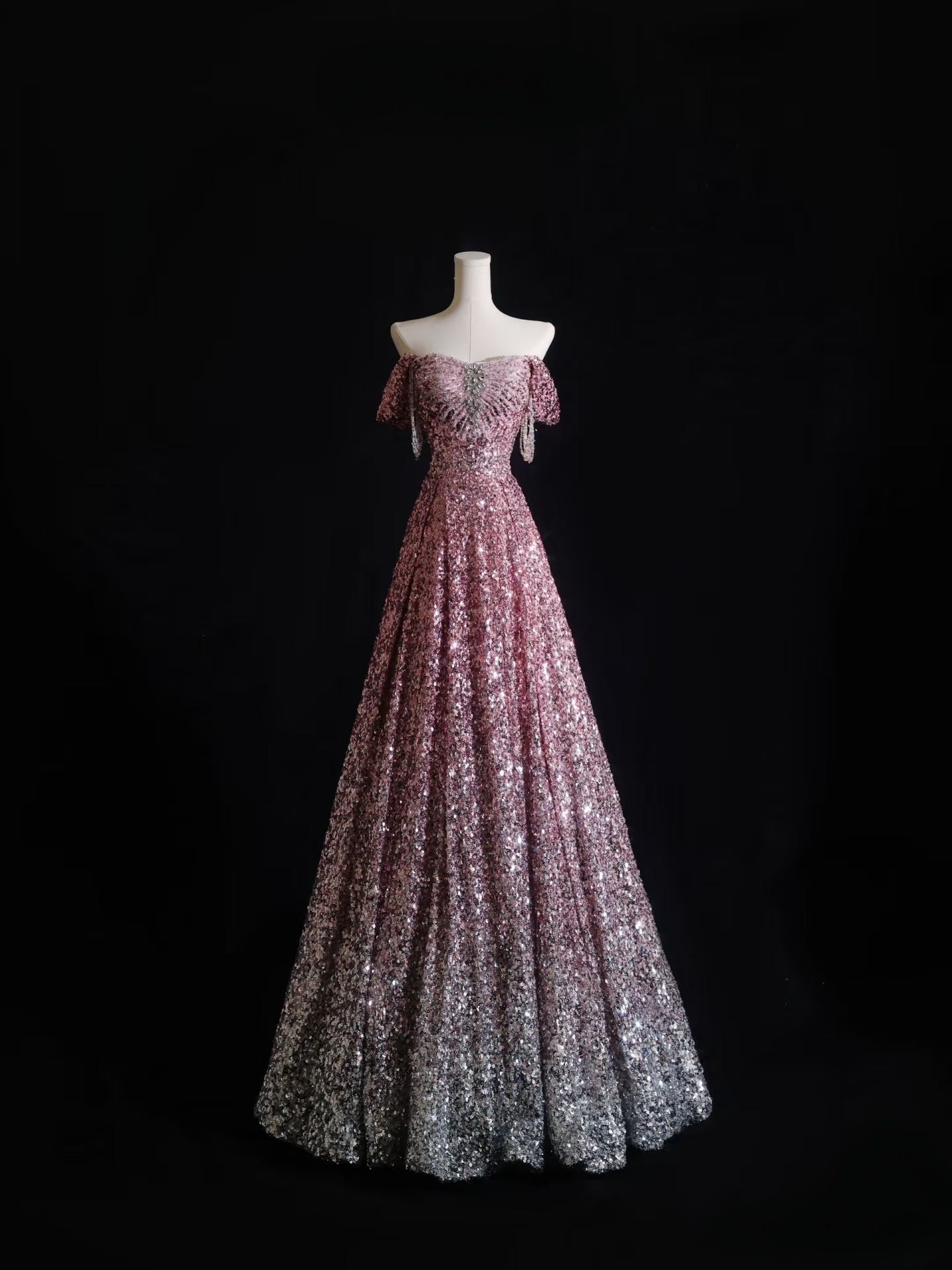 Pretty A Line Off The Shoulder Pink Sequin Long Prom Dresses Evening G ...