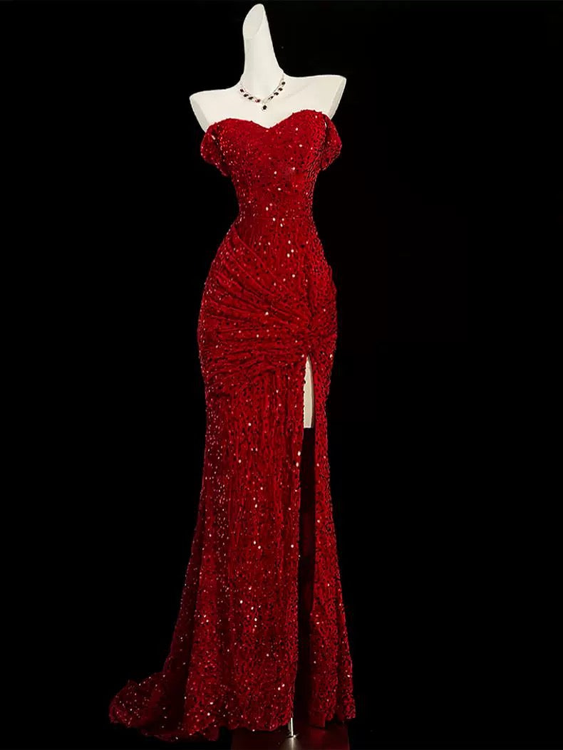 Classy Mermaid Sweetheart Red Slit Sequin Long Evening Gowns Prom Dres ...